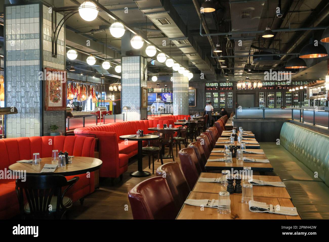 April 24. 2023. Russia. Moscow. The dining room of Matteo's restaurant ...