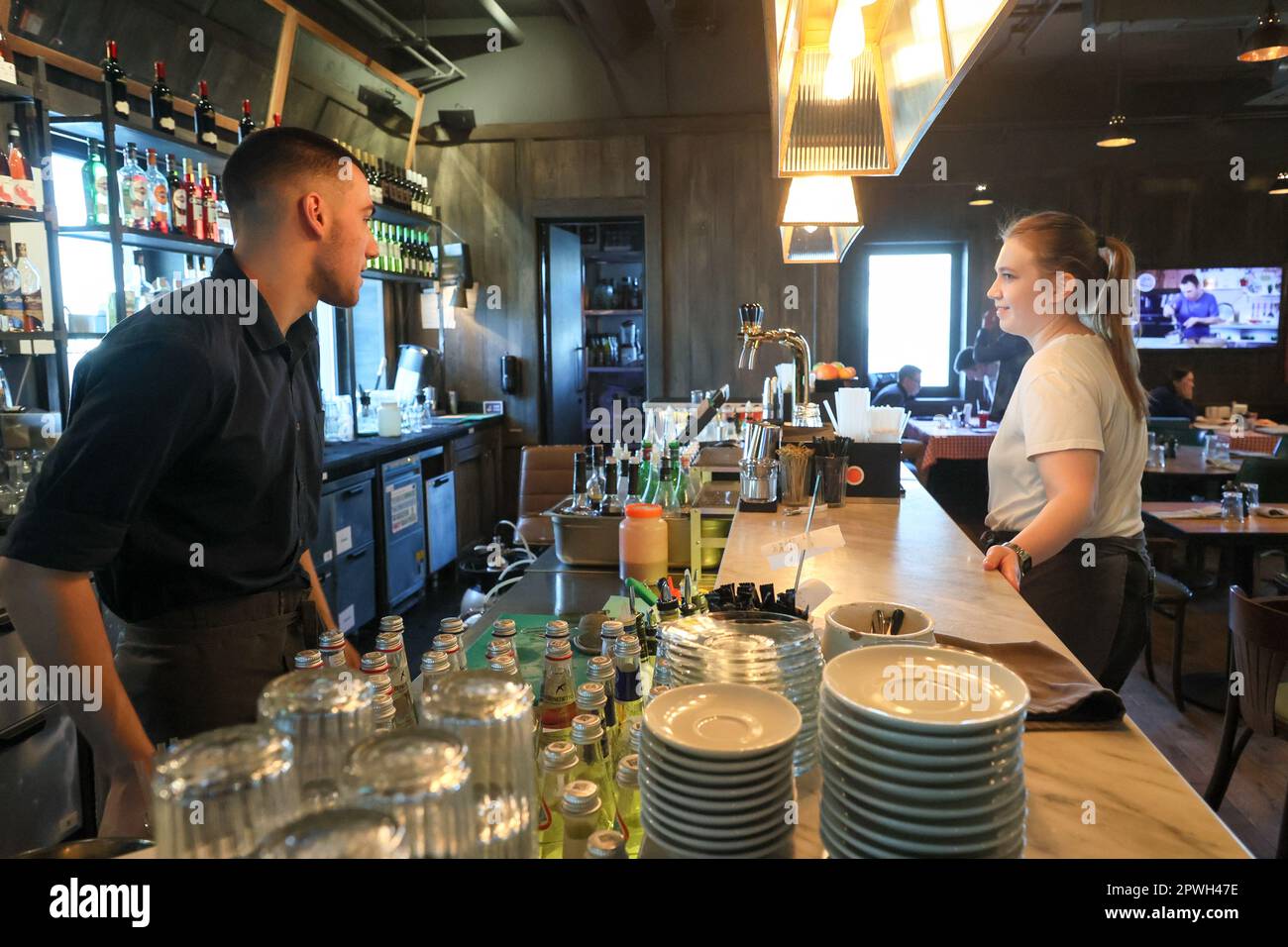 April 24. 2023. Russia. Moscow. Employees of Matteo's restaurant during ...
