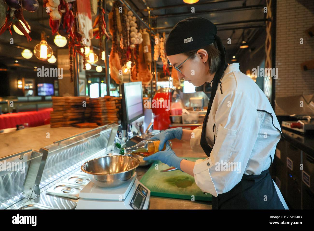 April 24. 2023. Russia. Moscow. An employee of Matteo's restaurant ...