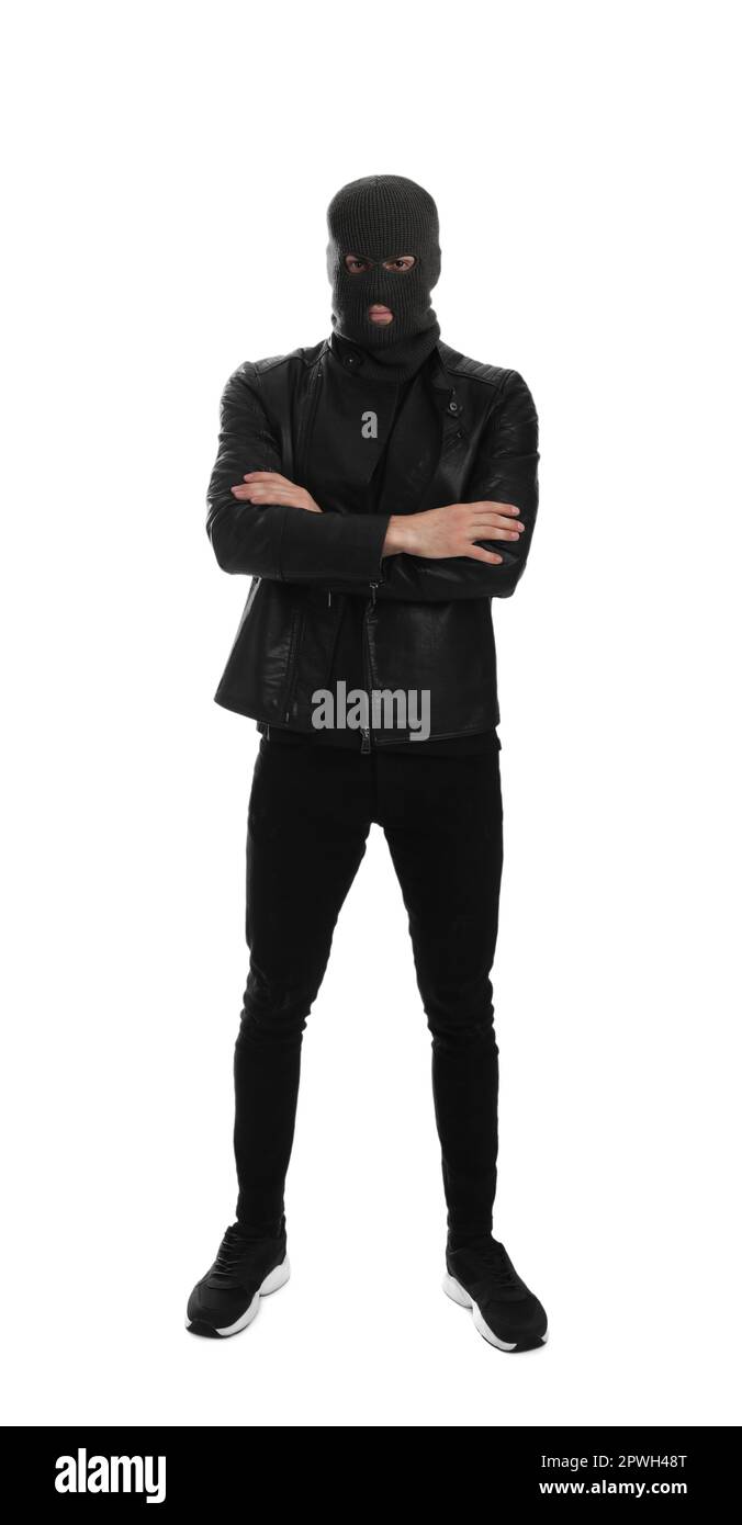 Man wearing knitted balaclava on white background Stock Photo - Alamy