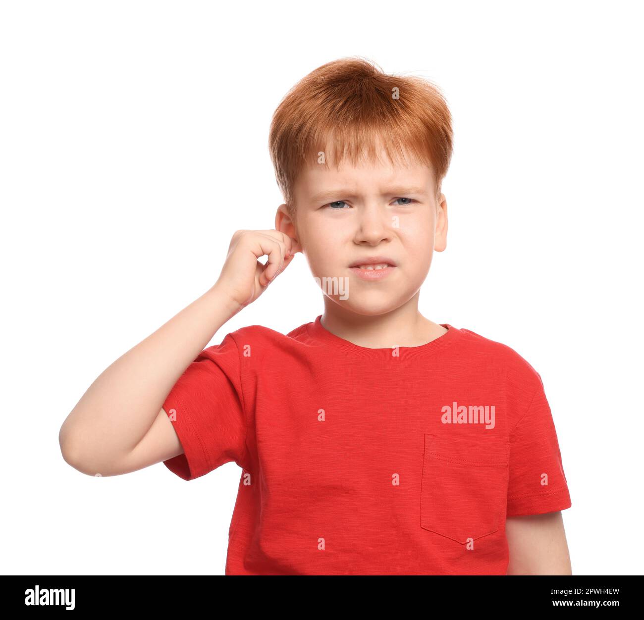 Little boy suffering from ear pain on white background Stock Photo - Alamy