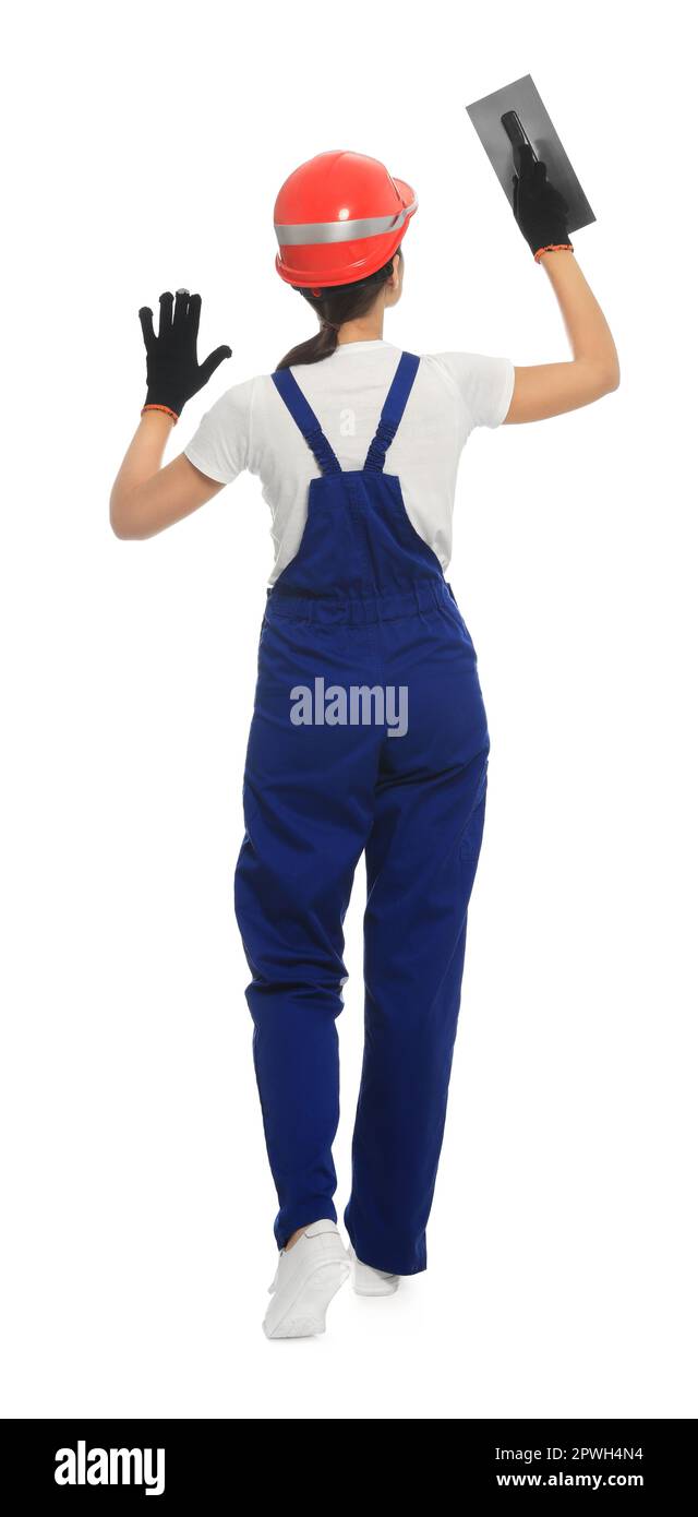 Professional worker with putty knife on white background, back view ...