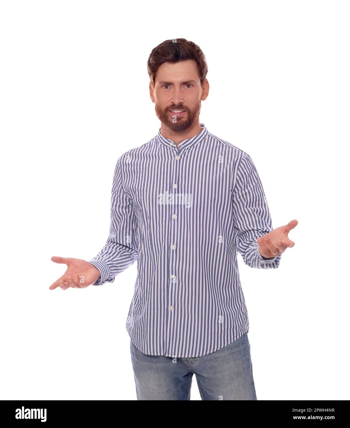 Handsome man gesturing on white background. Weather forecast reporter ...