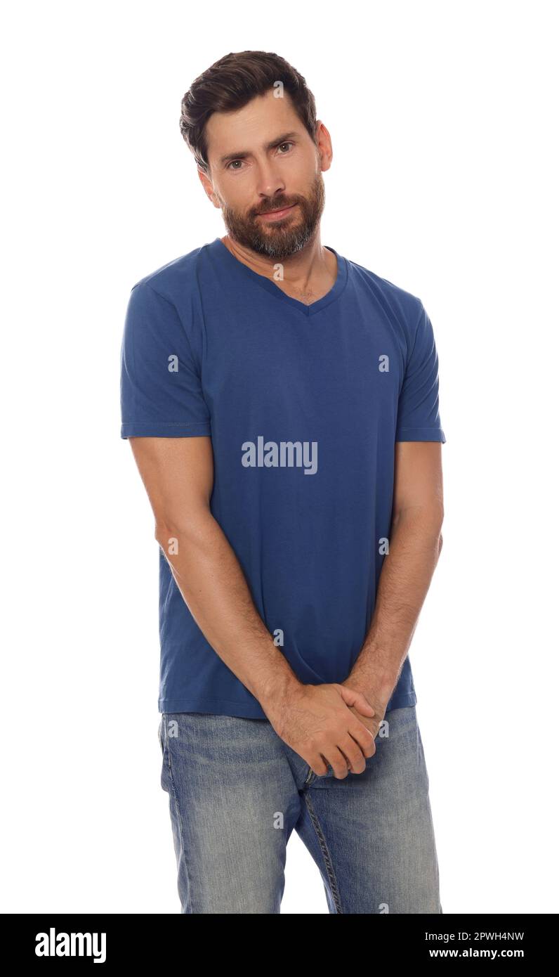 Embarrassed man in shirt on white background Stock Photo - Alamy