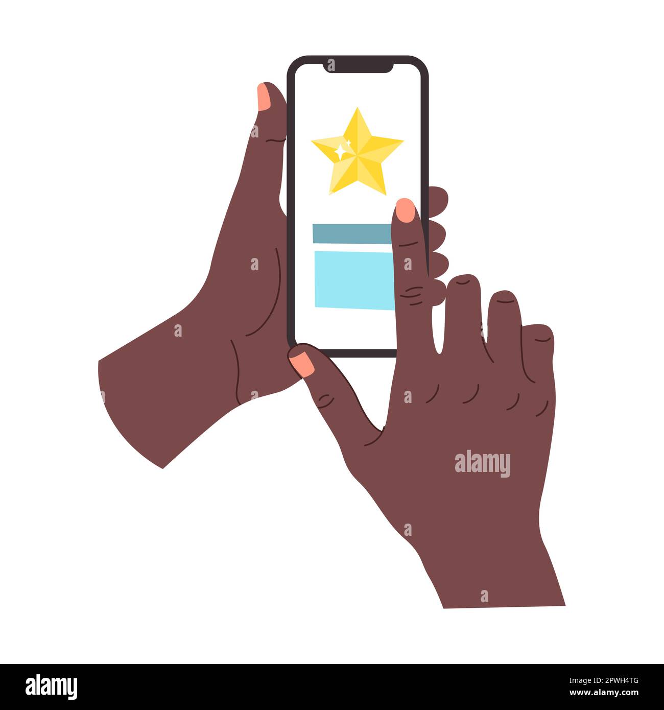 Hand holding mobile phone and puts a star on the mobile app. Cartoon ...