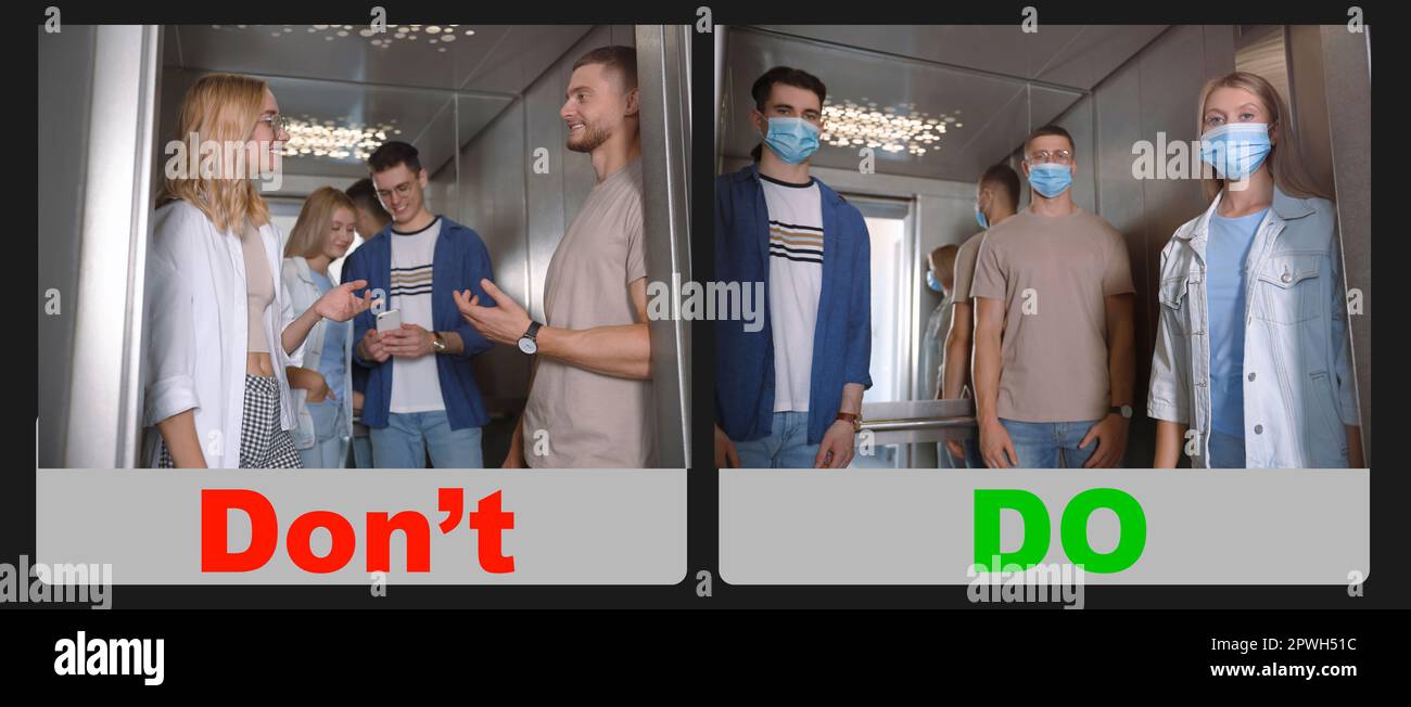 Social distancing in the elevator. Collage with photos of people ...