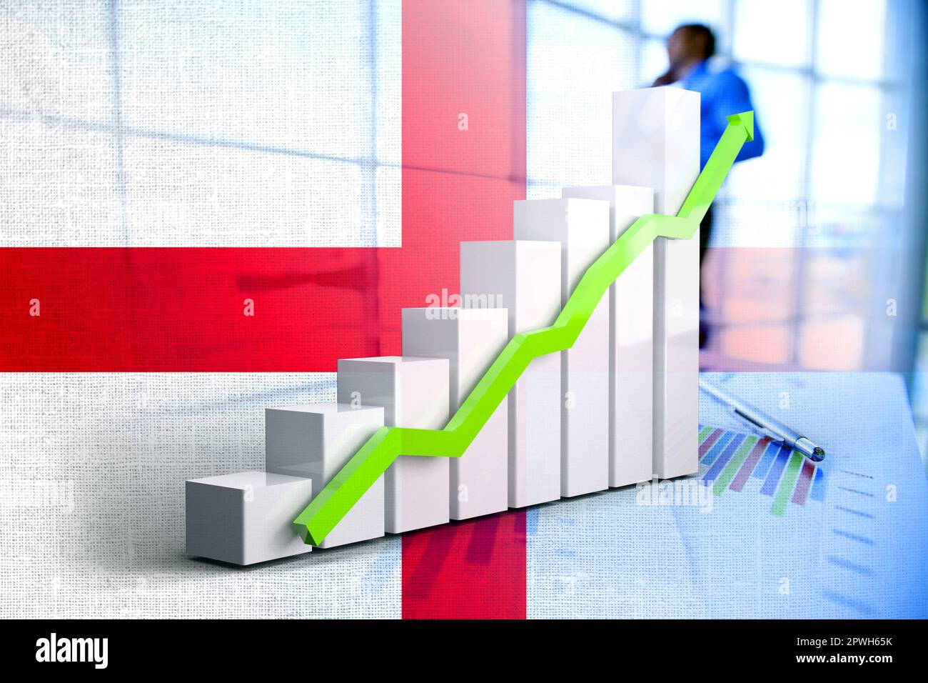 Economy graph: up arrow, England flag and businessman in office ...