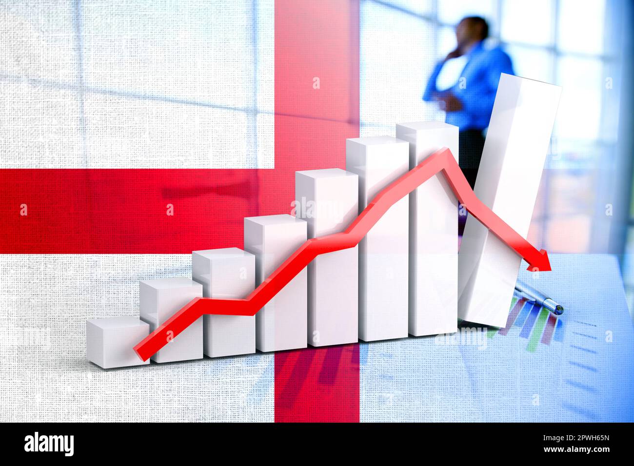 Economy graph: down arrow, England flag and businessman in office ...