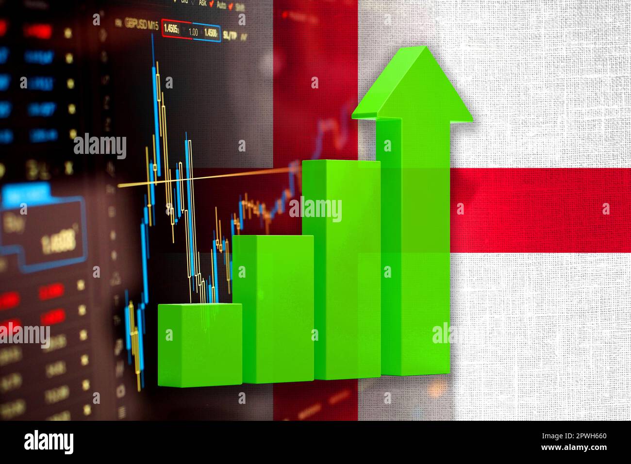 Economy chart: up arrow, England flag and stock market indicators ...