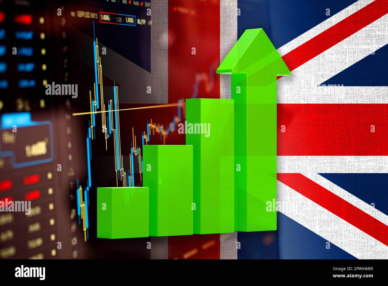 Economy chart: up arrow, UK flag and stock market indicators (economy ...