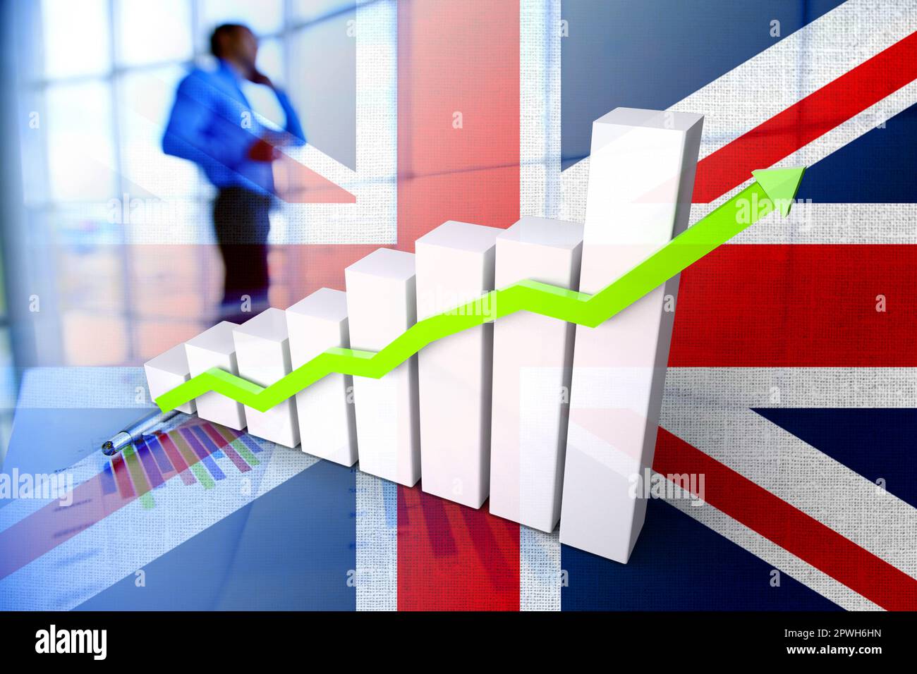 Economy graph: up arrow, UK flag and businessman in office (economy ...