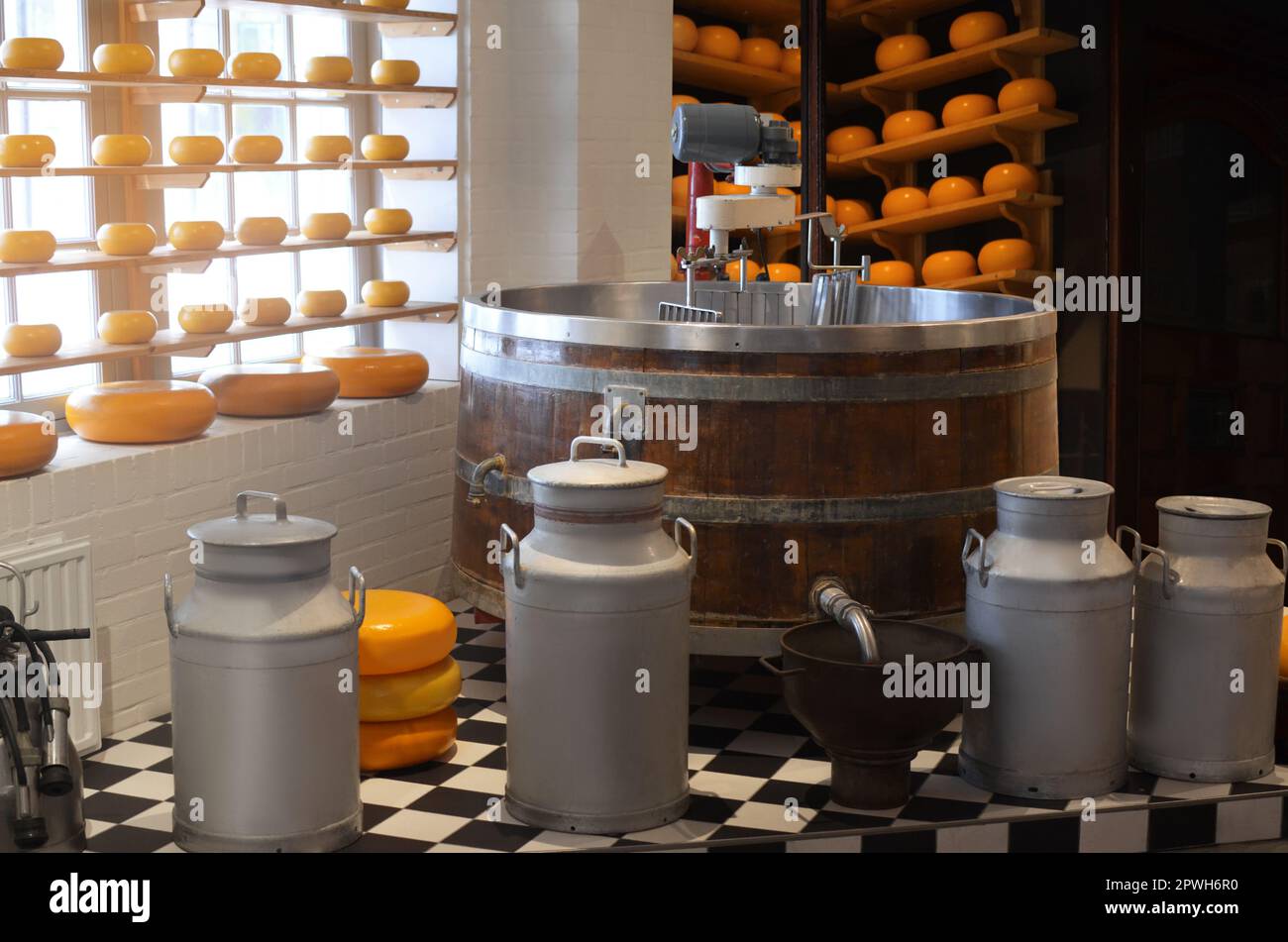 Equipment and fresh cheese heads on rack in factory warehouse Stock ...