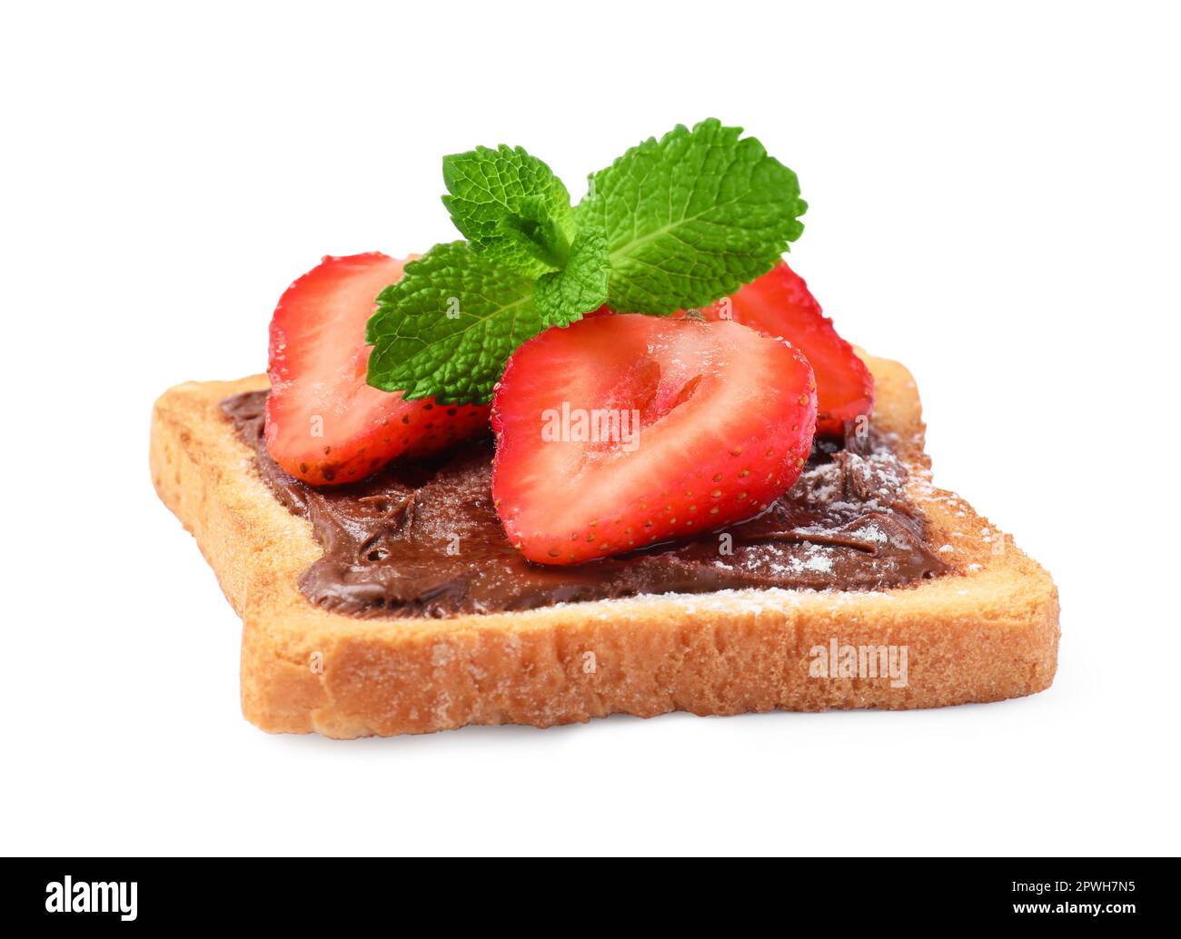 Delicious toast with nut cream, strawberries and mint isolated on white ...