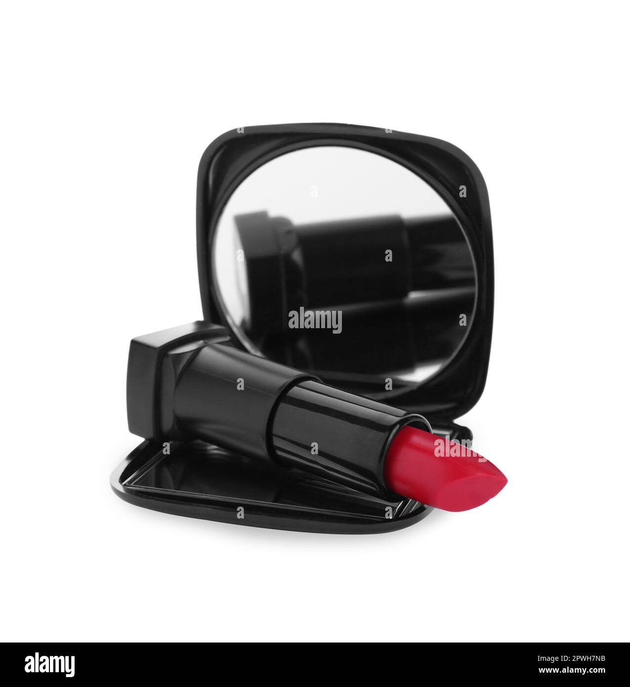 Stylish cosmetic pocket mirror and lipstick on white background Stock ...