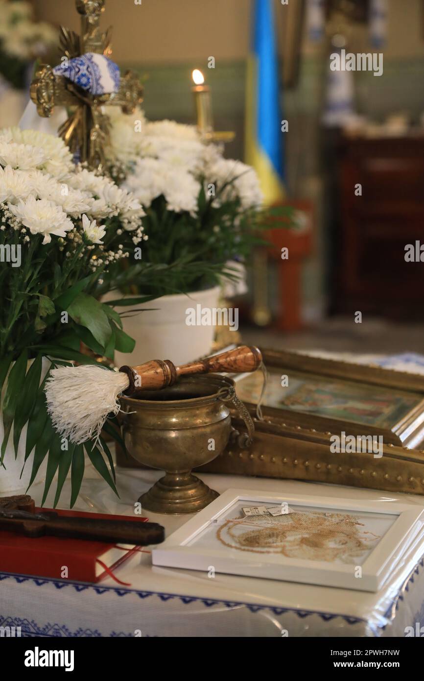 Stryi, Ukraine - September 11, 2022: Altar with goblet, flowers and ...