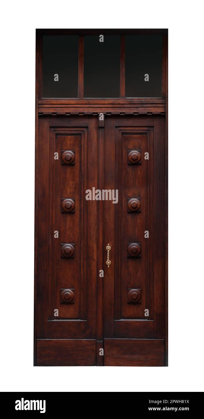 Beautiful old-fashioned wooden door and transom window isolated on ...