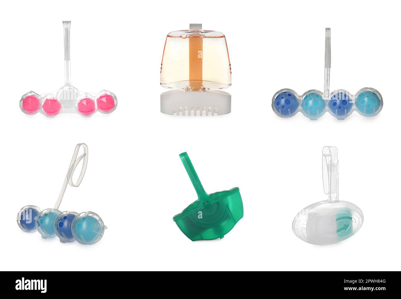 Set with toilet rim blocks cleaner on white background Stock Photo - Alamy