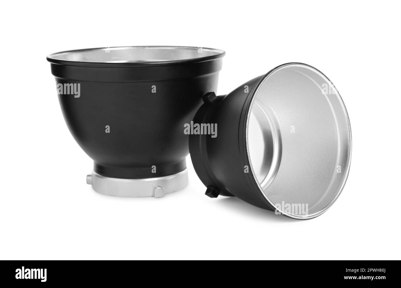 Studio flash lights reflectors on white background. Professional ...