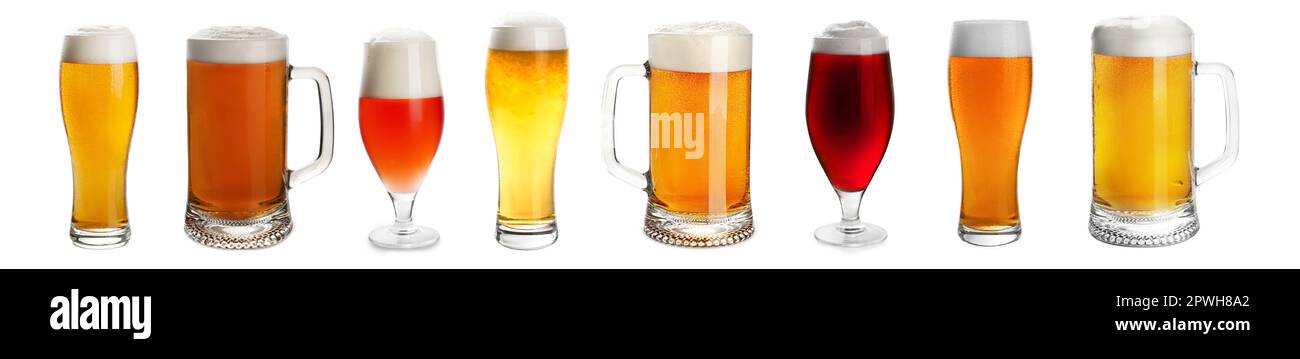 Set with cold tasty beer on white background. Banner design Stock Photo ...