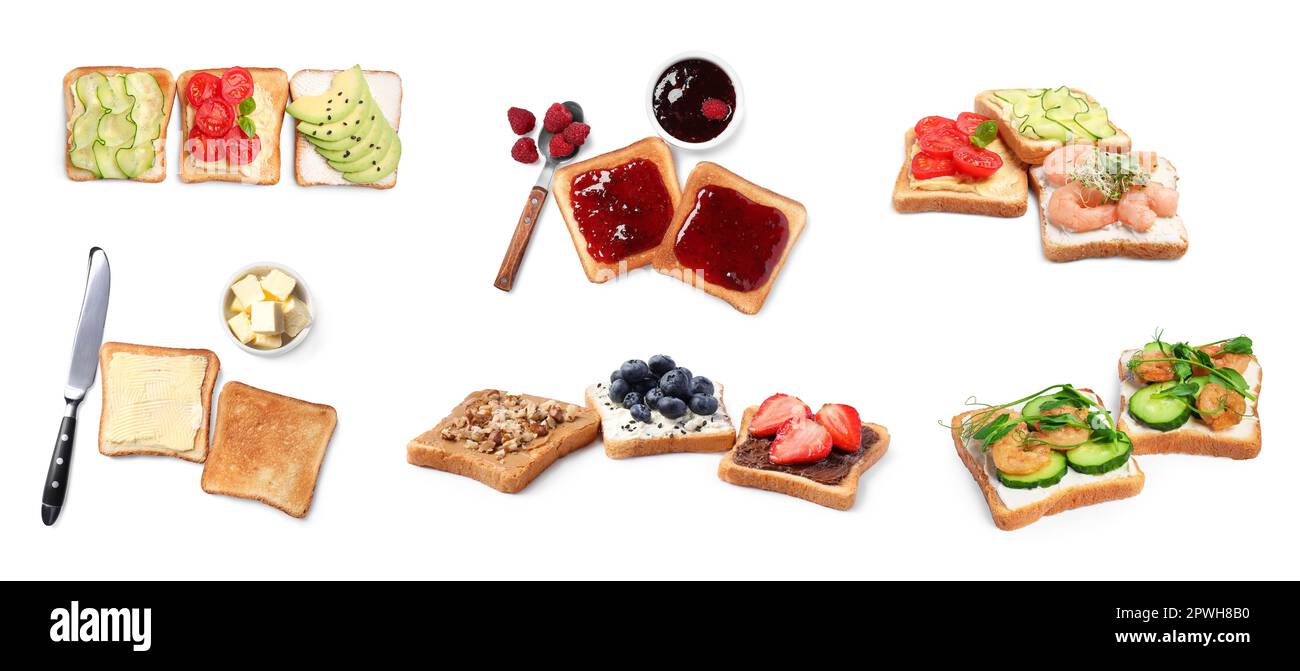 Set of different toasts on white background. Banner design Stock Photo ...
