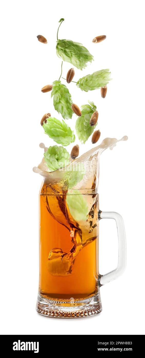 Fresh hops flowers with leaves and wheat grains falling into glass mug ...
