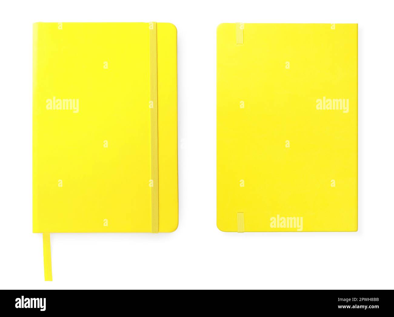 Bright yellow notebooks on white background, top view Stock Photo - Alamy