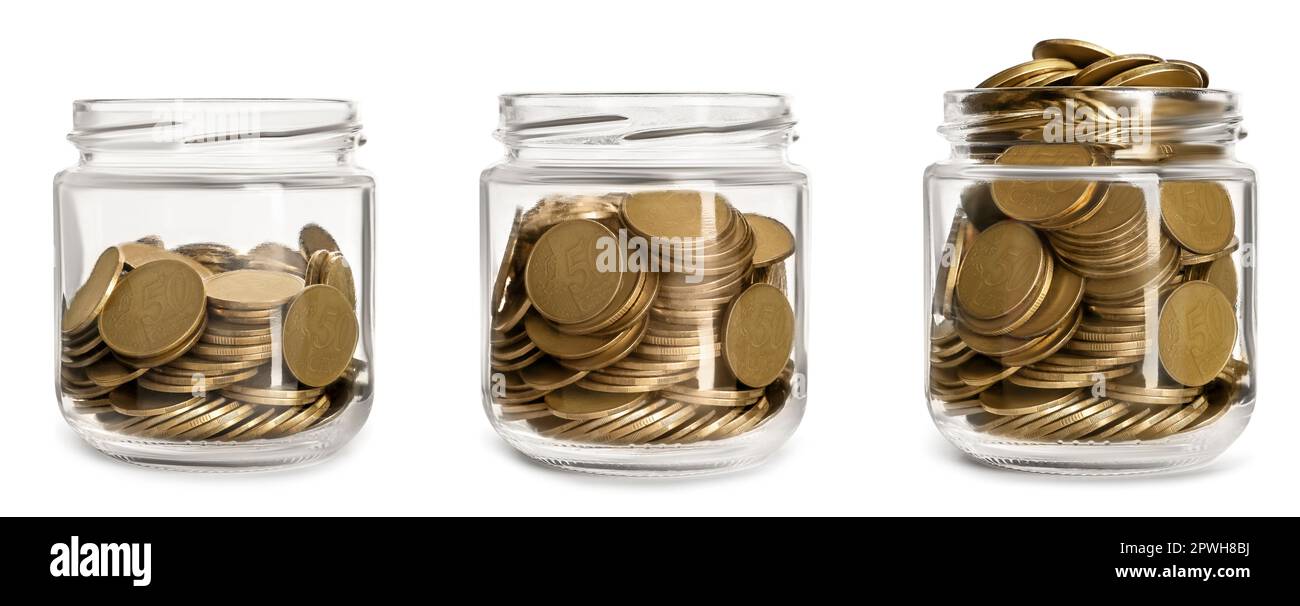 Set of glasses jars with coins on white background. Banner design Stock ...