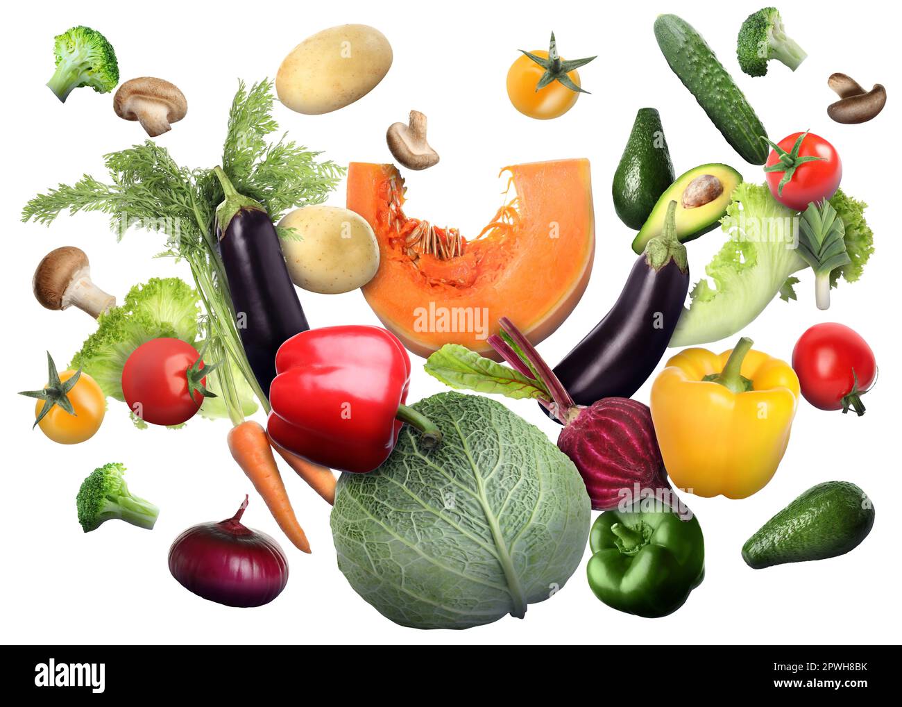 Flying fresh ripe vegetables on white background Stock Photo - Alamy