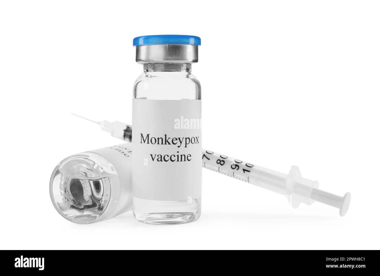 Monkeypox vaccine in glass vials and syringe on white background Stock ...