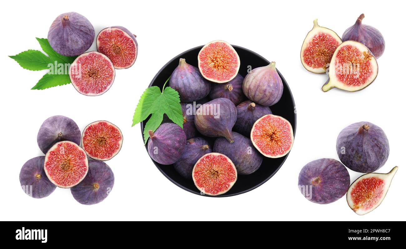 Set with tasty ripe whole and cut figs on white background, top view ...
