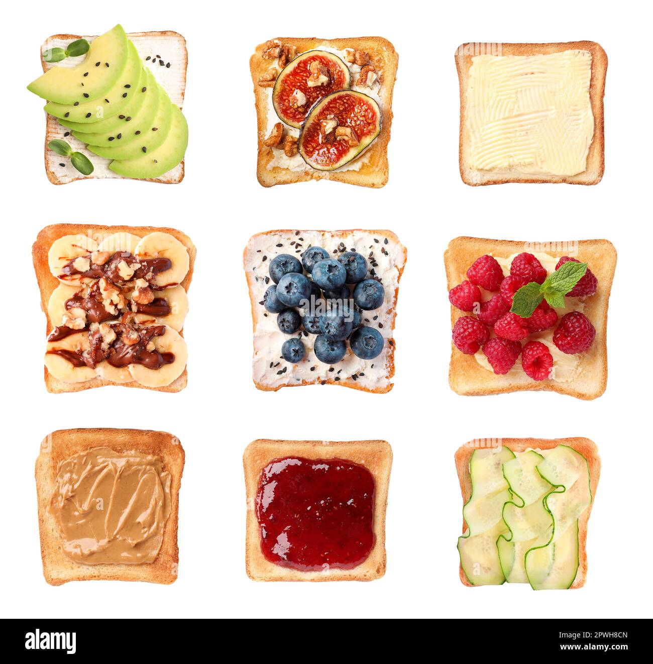 Set of different toasts on white background, top view Stock Photo - Alamy