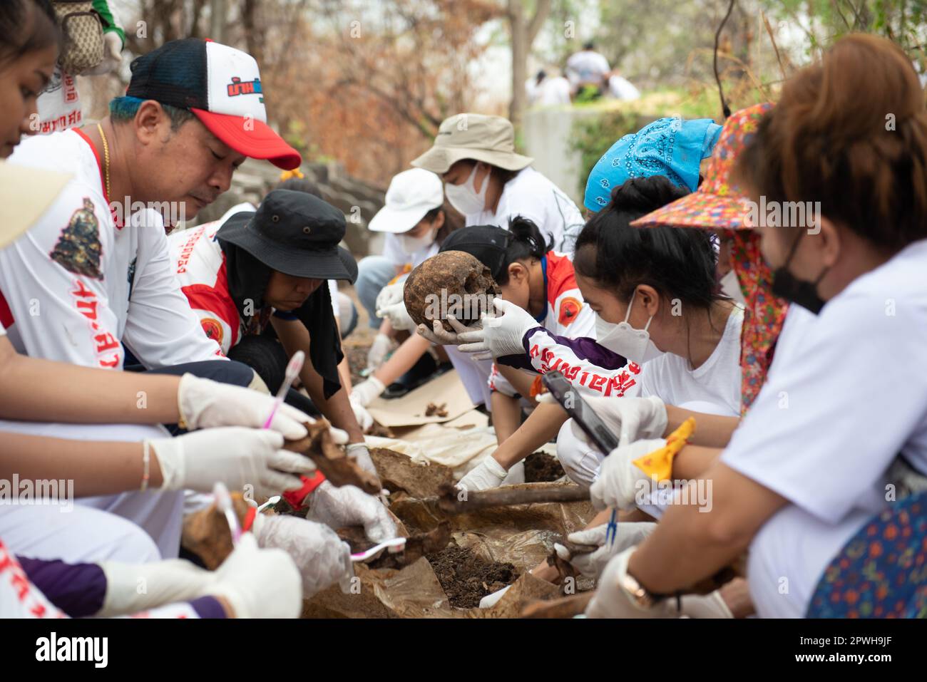 Saraburi, Thailand. 30th Apr, 2023. Volunteers clean human skeletons ...
