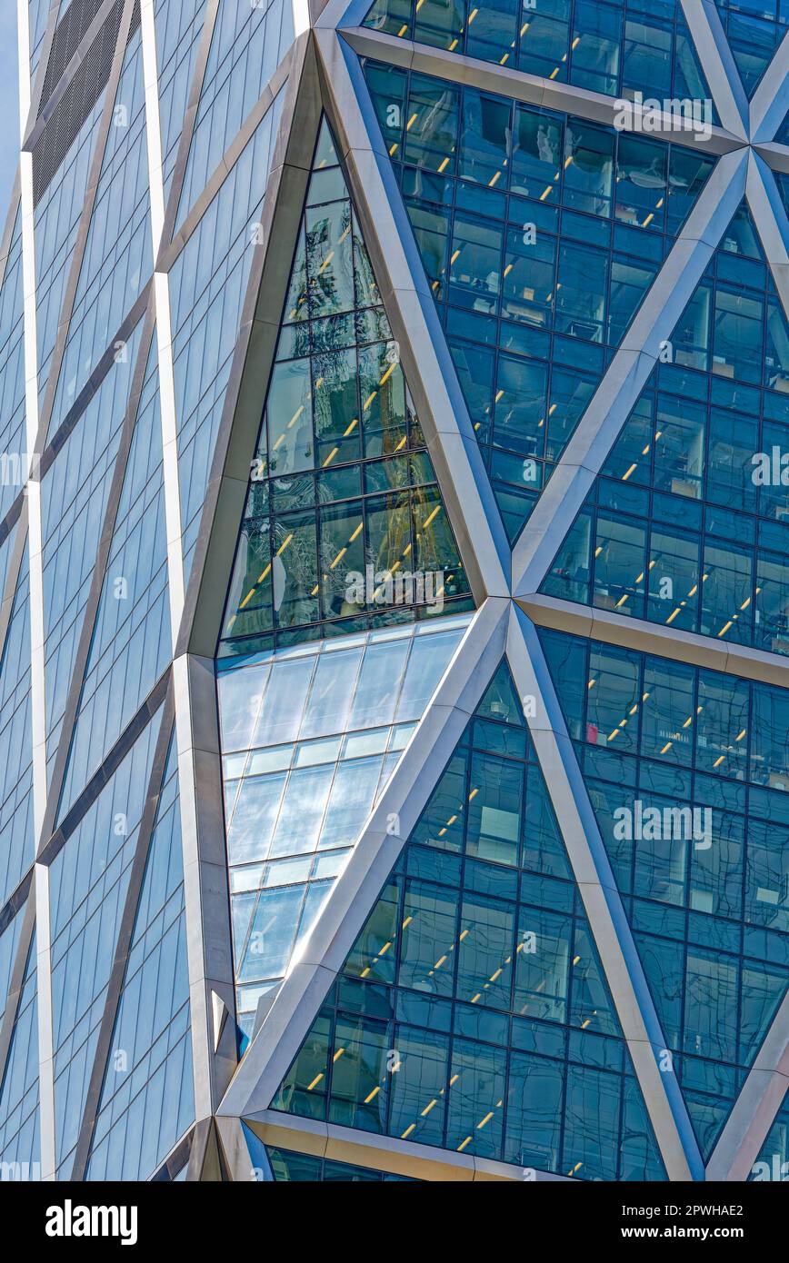 Detail, Hearst Building. The triangular-faceted diagrid tower of 2006 ...