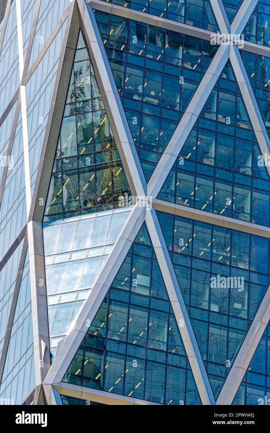 Detail, Hearst Building. The triangular-faceted diagrid tower of 2006 ...