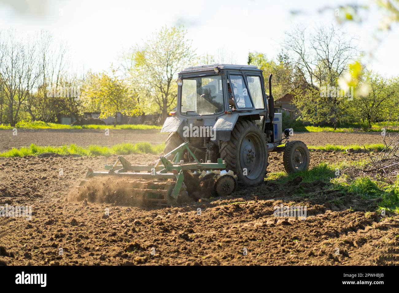 The tractor drives across the field and cultivates the land Stock Photo ...