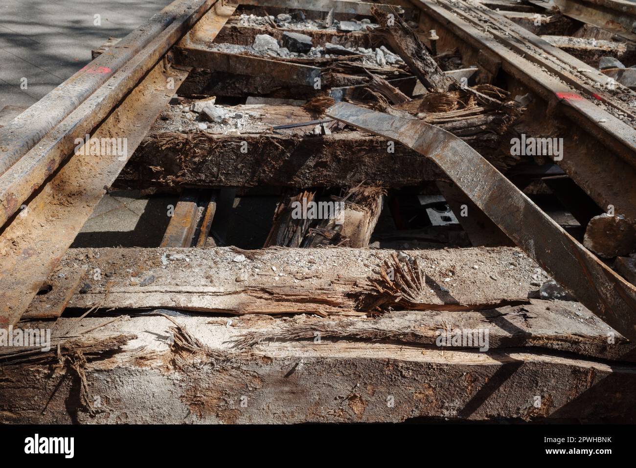 Selective focus and detail of demolish rustic railway track on old ...