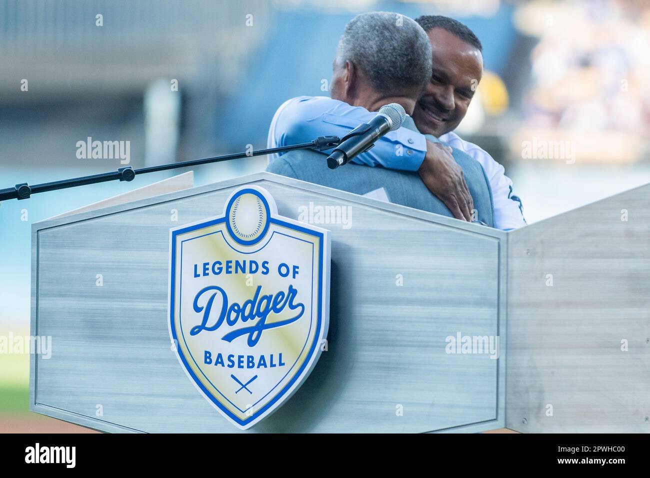 Los Angeles Dodgers legend Manny Mota and son José Mota during Manny Mota’s induction ceremony ...