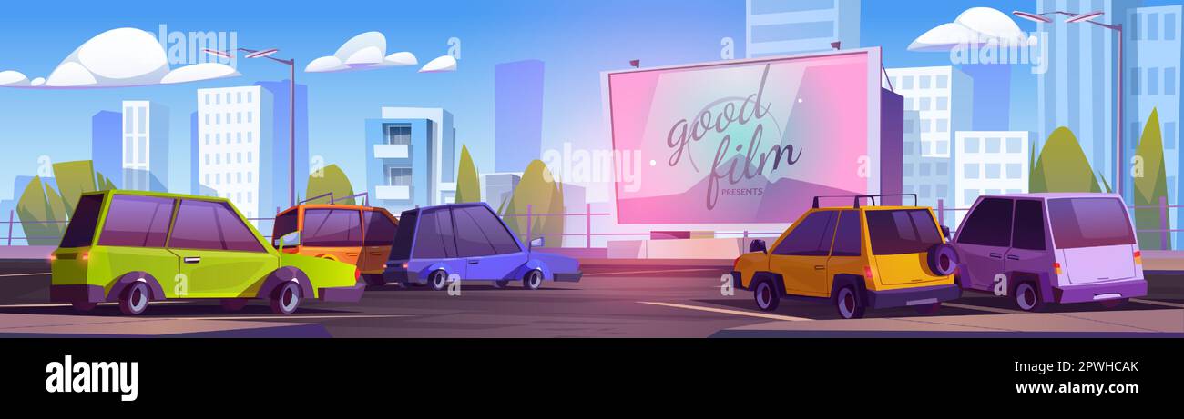 Cartoon drive-in cinema with many cars in front big screen. Vector ...
