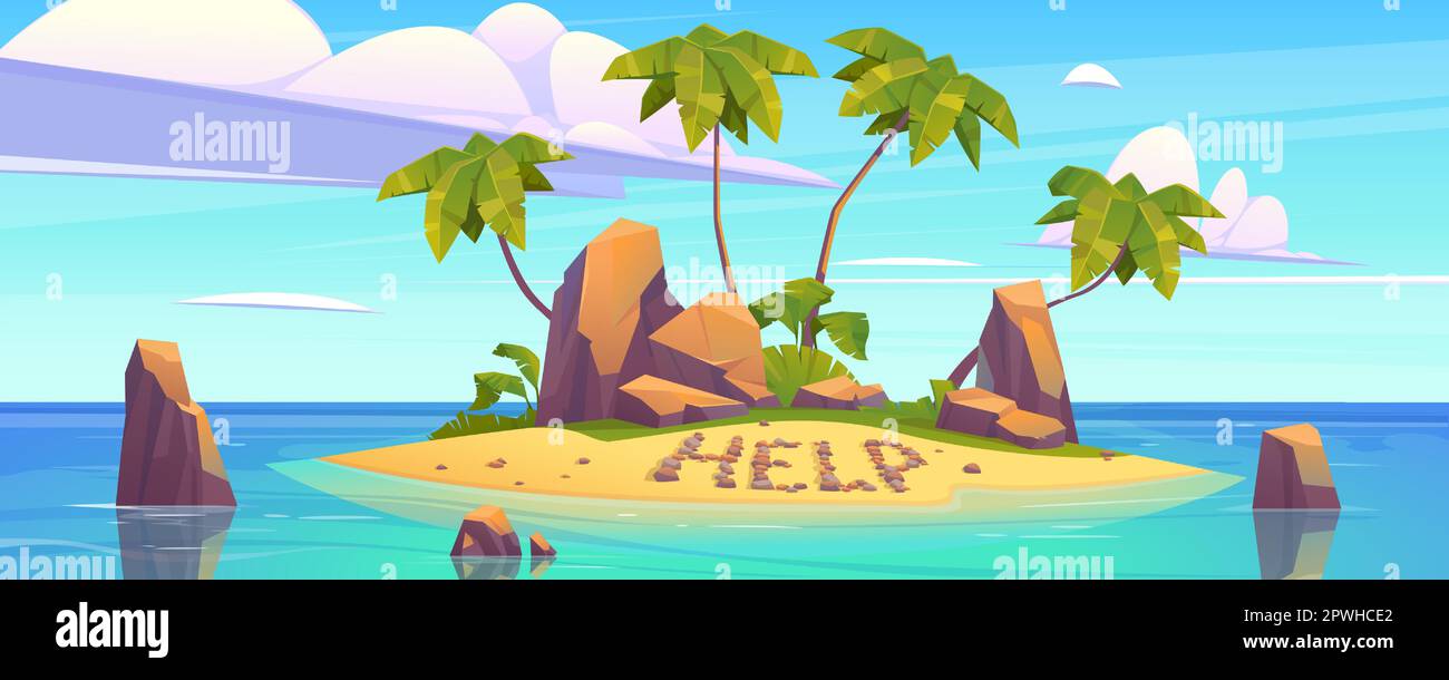 Uninhabited tropical sea island cartoon landscape. Tiny isle scene with ...