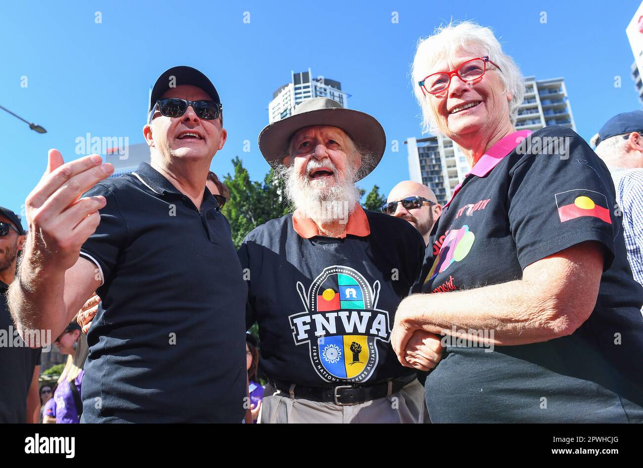 Australian Prime Minister Anthony Albanese (left) speaks with ...