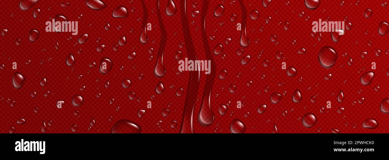 Vector water drop texture on red glass background. Realistic dew bubble ...