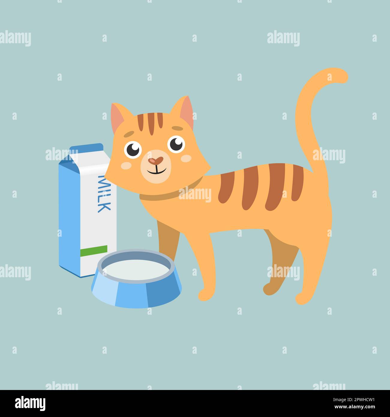 Cute orange cat cartoon character with milk box illustration Stock ...