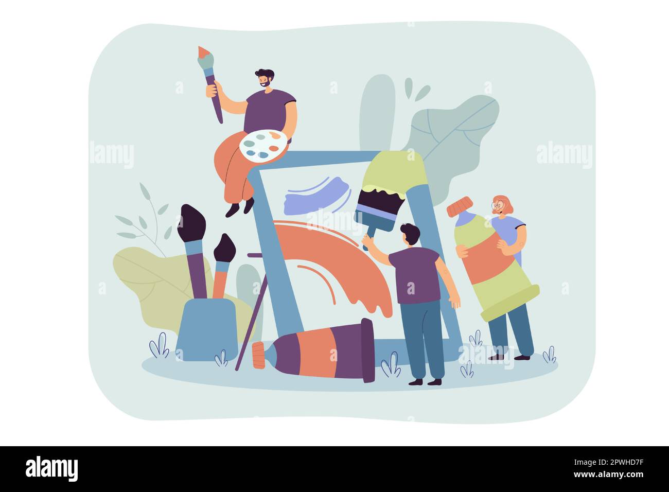 Tiny artists creating artwork together flat vector illustration Stock ...