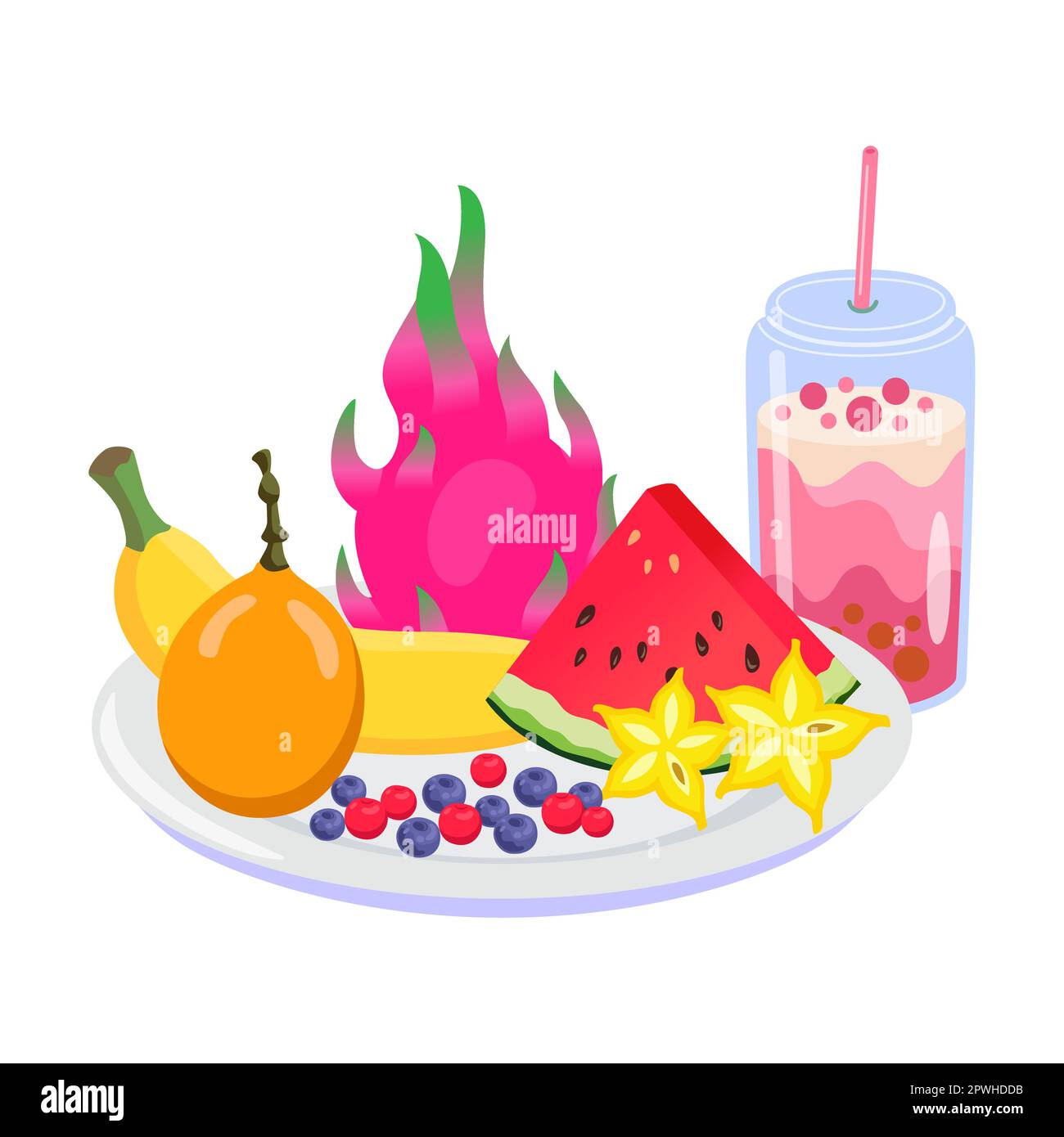 Plate with exotic breakfast cartoon illustration. Porridge with fruits ...