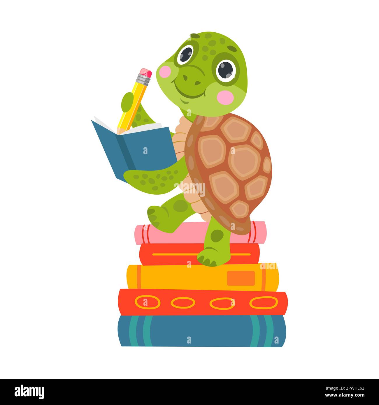 Cute animal, young turtle reading book cartoon illustration. Smart ...