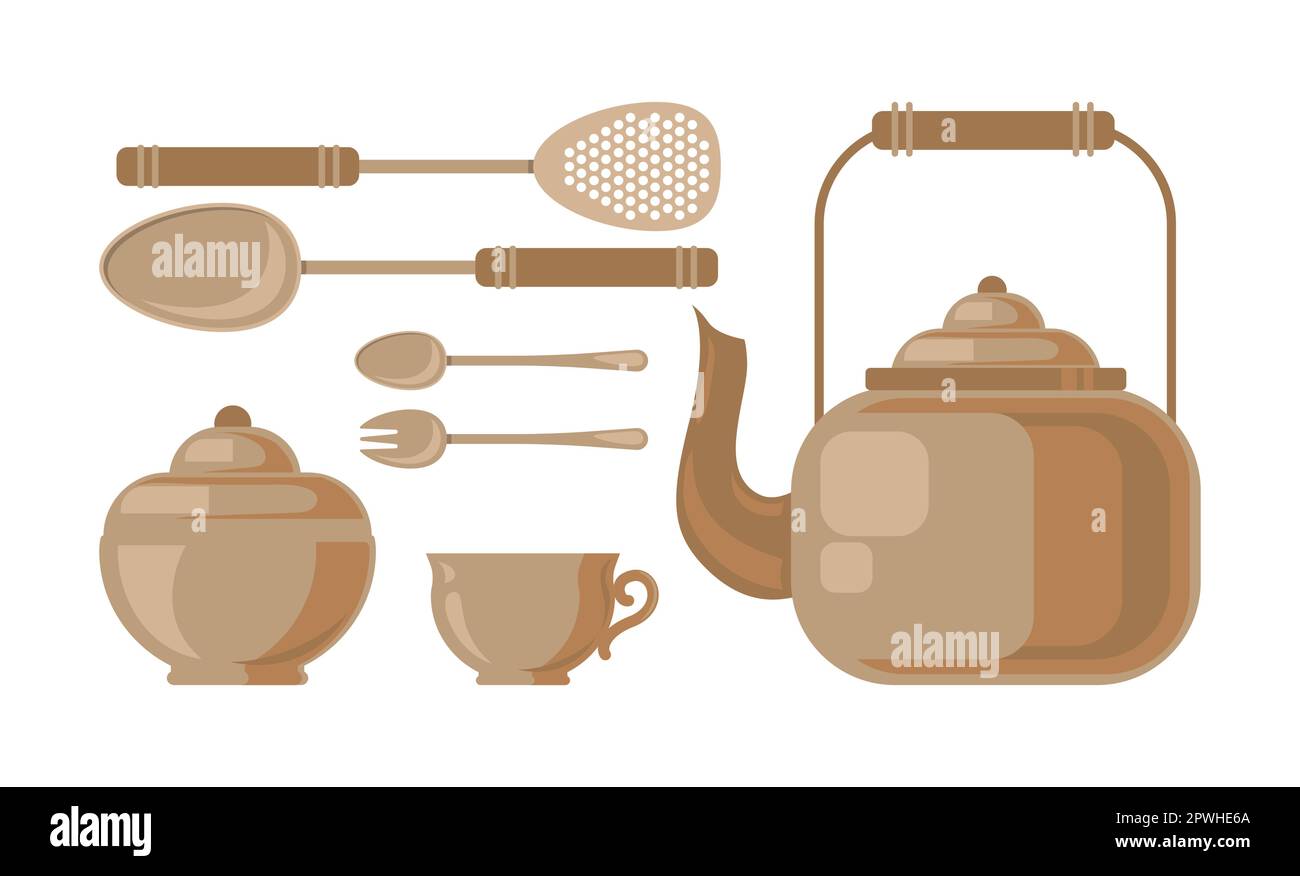 Vintage copper kitchenware vector illustrations set Stock Vector Image ...