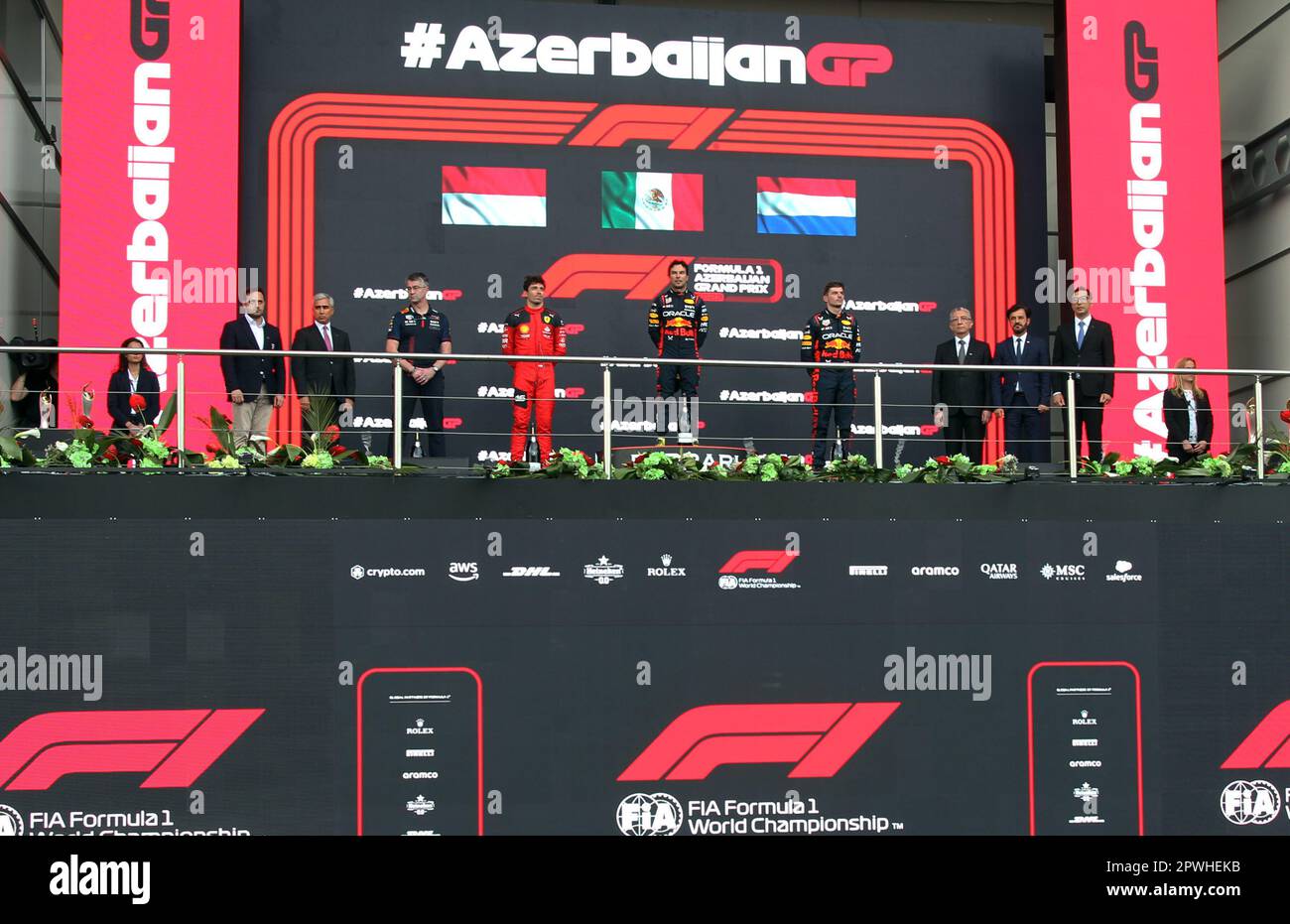 BAKU, AZERBAIJAN, 30. April 2023; PODIUM, Race winner Sergio Perez of ...