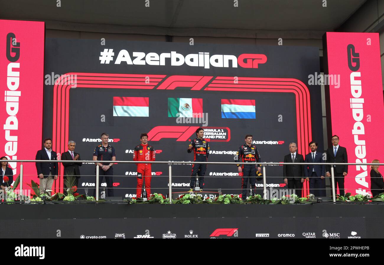 BAKU, AZERBAIJAN, 30. April 2023; PODIUM, Race winner Sergio Perez of ...
