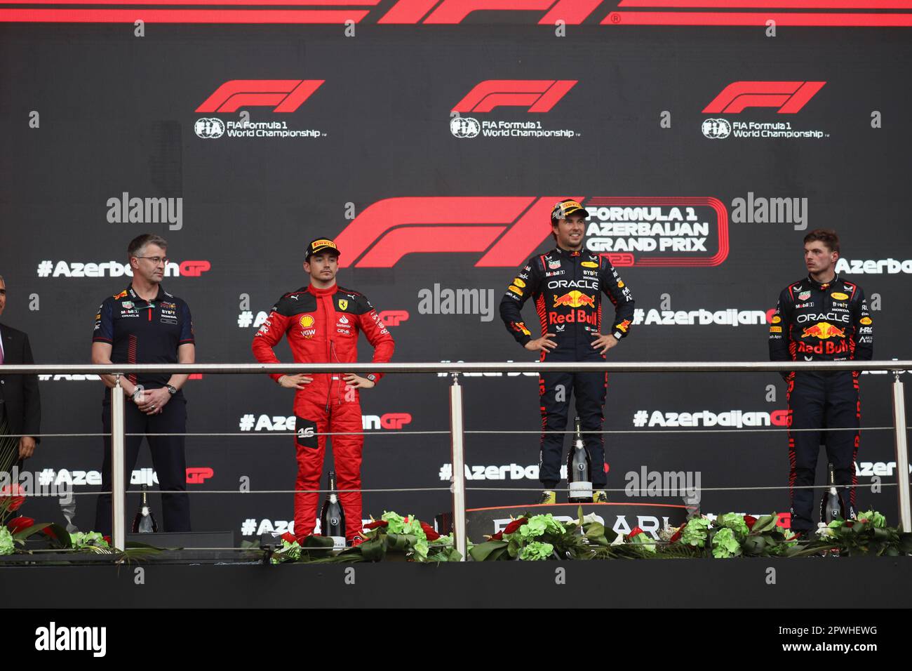 BAKU, AZERBAIJAN, 30. April 2023; PODIUM, Race winner Sergio Perez of ...