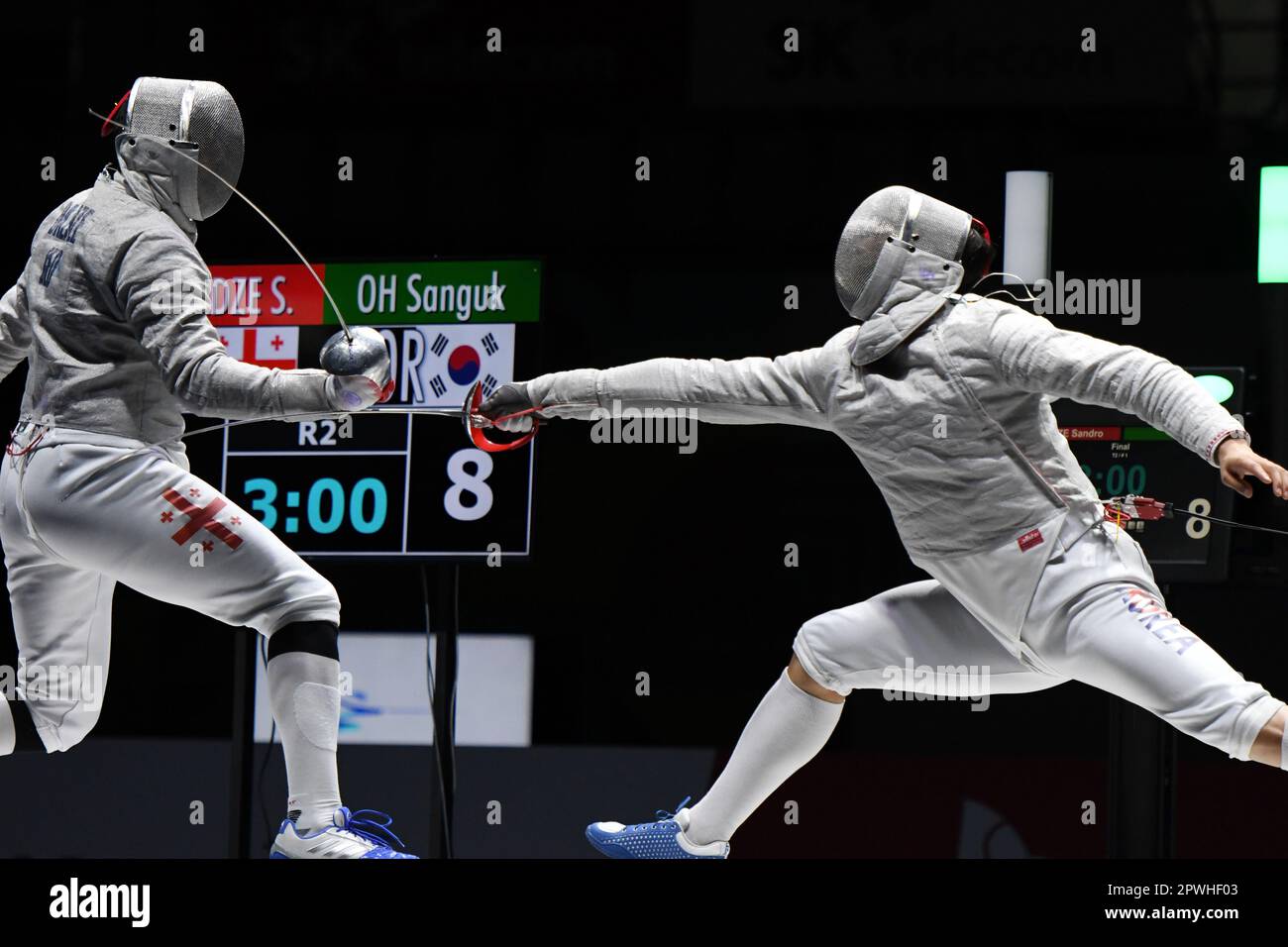 Sandro Bazadze of Georgia (L) and Oh Sang-uk of South Korea during the ...